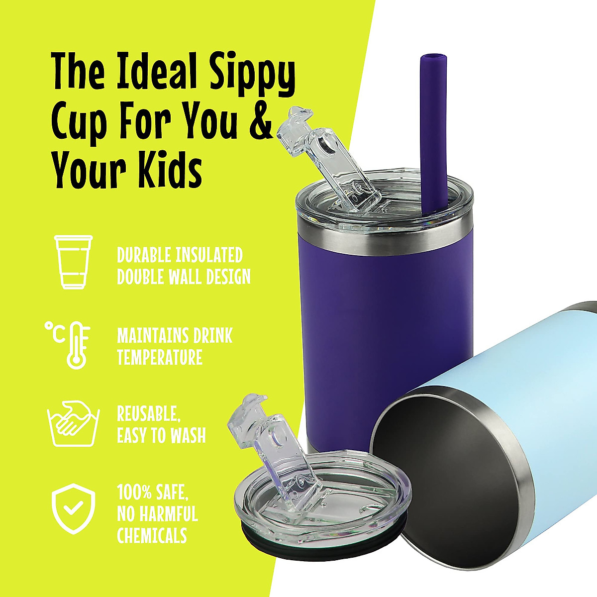 K KICHUZL 2 Pack 12 OZ, Toddler Cups, BPA FreeStainless Steel Smoothie Cup For Kids, Insulated Tumbler with Leak Proof Lid And Silicone Straw,Dishwasher Safe,Easy Cleaning