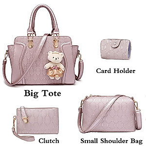 FiveloveTwo Women Ladies 4Pcs Handbag Set Tote Satchel Shoulder Bag PU Top Handle Bag Purse Clutch Card Holder