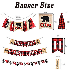 Lumberjack Baby Shower Banner Lumberjack Theme Happy 1st Birthday Garland and High Chair Banner Wild Bear Tree Monthly Photo Banners for Baby Shower Kid Birthday Hunting Party Supplies Decoration (red and black plaid)