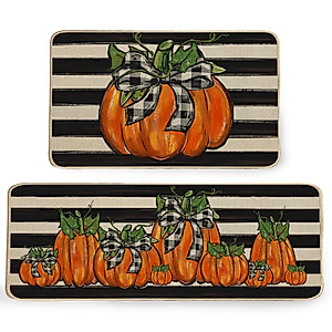 GEEORY Fall Kitchen Mats Set of 2, Striped Pumpkins Bowknot Floor Mat Farmhouse Seasonal Holiday Thanksgiving Decorations 17x29 and 17x47 Inch (Striped) GK068