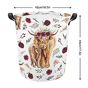 RENJUNDUN Floral Highland Cow Storage Basket Collapsible Toys Storage Box Bin Laundry Organizer for Closet Shelf Nursery Kids Bedroom, 17.3'' Hx16.5''D