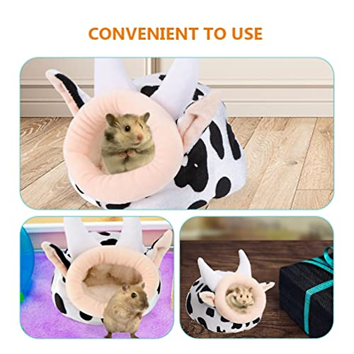 POPETPOP Mini Hamster Bed Hideouts Houses, Cotton Small Animal Pet Nest Cave Cute Cow Shaped Warm Rat Bed Hamster Warm Nest Hamster Fleece Hut Winter House for Dwarf Hamster Mice 11x11cm