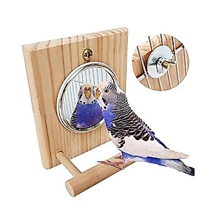 Hamiledyi Bird Mirror with Wooden Perch,Birdcage Fun Platform Stand Toys