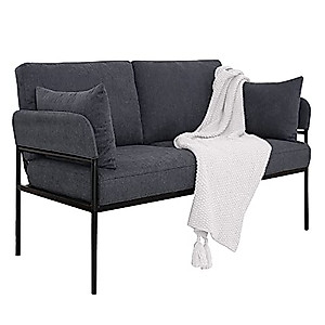 JULYFOX 59 in Wide Sofa Gray, Overstuffed Linen Fabric Couch Metal Frame 400 lbs Heavy Duty Tufted Loveseat Sofa for Small Spaces 2 Toss Pillows Included