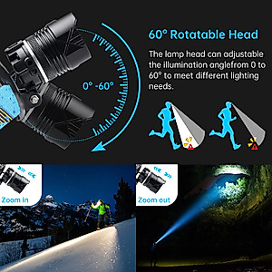 LED Rechargeable Headlamp, Headlight 90000 Lumens Super Bright with 6 Modes & IPX5 Warning Light, Motion Sensor Adjustable Headband Head Lamp, 60° for Adult Outdoor Camping Running Cycling