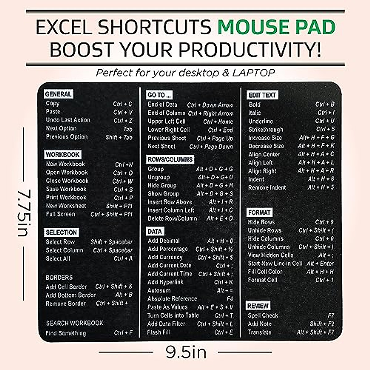 Monilee and Bella Excel Shortcuts Mouse Pad - 66 Reference Cheat Sheet Guide Keyboard Shortcut Formulas - The Ultimate Productivity Tool 7.75" x 9.25" (Solid Black Print)