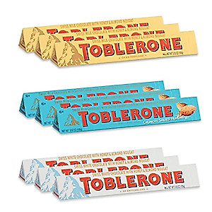 Toblerone Swiss Chocolate Gift Set, Milk Chocolate, White Chocolate & Crunchy Salted Caramelized Almond, 9 - 3.52 oz Bars