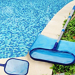 Swimming Pool Skimmer Net with Pole, 3 Feet Adjustable Aluminum Telescopic Pole and 2 Piece Hook Hanger, Deep Bag Pool Net and Shallow Net, Leaf Rake Cleaning Tool for Spa, Hot Tub, Pond Cleaning