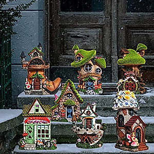 ASAWASA Fairy Houses for Gardens with Solar LED Light,Indoor Outdoor Décor Garden Lighting Figurines for Patio Lawn Yard(Flocked Mushroom House)