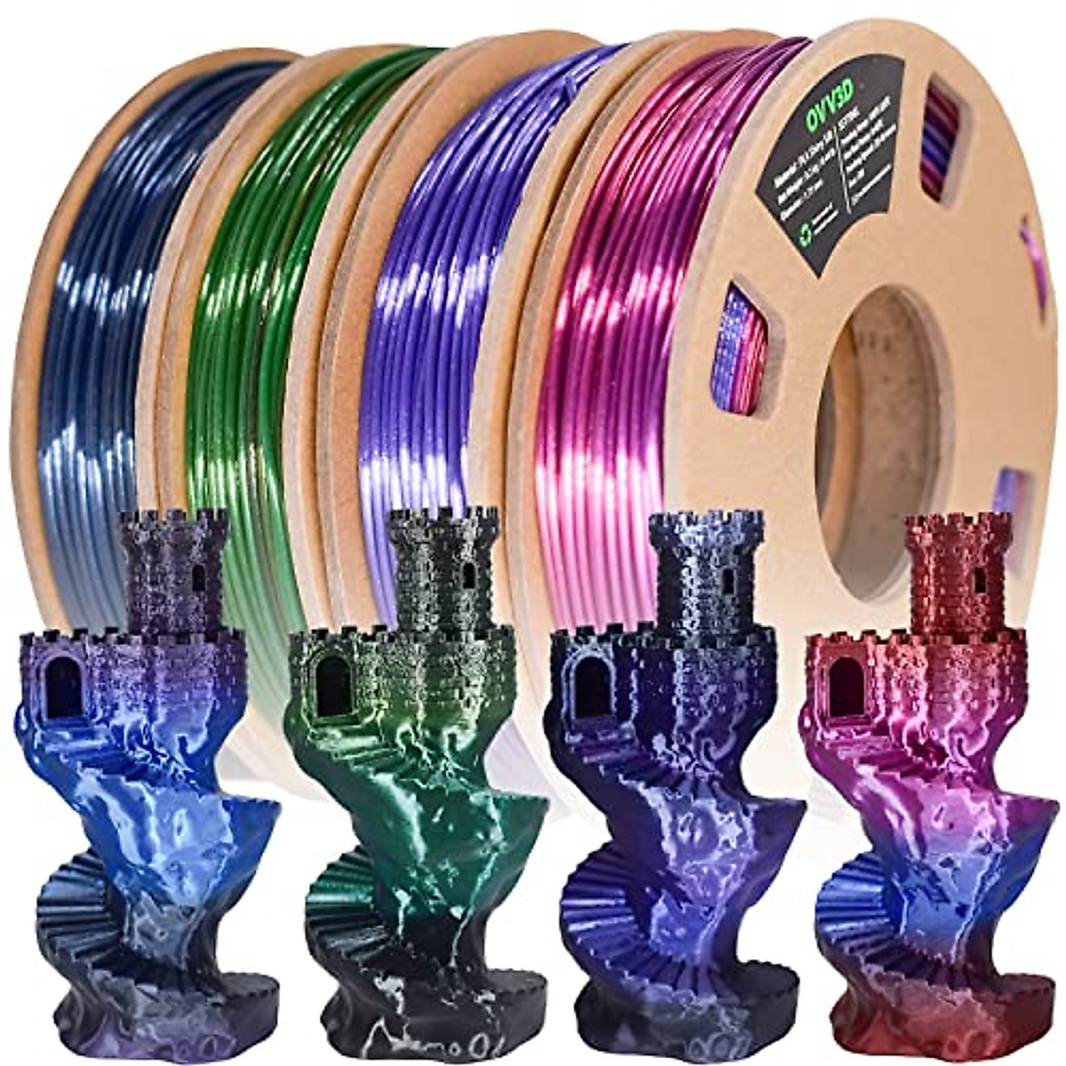 (2 Items) PLA Filament 1.75mm Bundle, 3D Printer Filament Silk Multicolors PLA Filament with Tri-Colors Rainbow PLA Filament Bundle, 3D Printing Filament 4 * 200g+4 * 200g