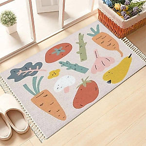 Boho Area Rug Vegetables Collection Set Illustrations Veggies Fruit Trendy Earthy Play Mat Runner Carpet Minimalist Room Decor Indoor Outdoor Woven Rug Entryway Laundry Room Bedroom Rug 3x5'