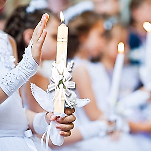 First Holy Communion Hand Decorated Taper Candle with White Faux Flowers and Ribbon, Catholic Gifts for Girls and Boys, Tall Candles, Cirio para Primera Comunion, 11.25 Inches