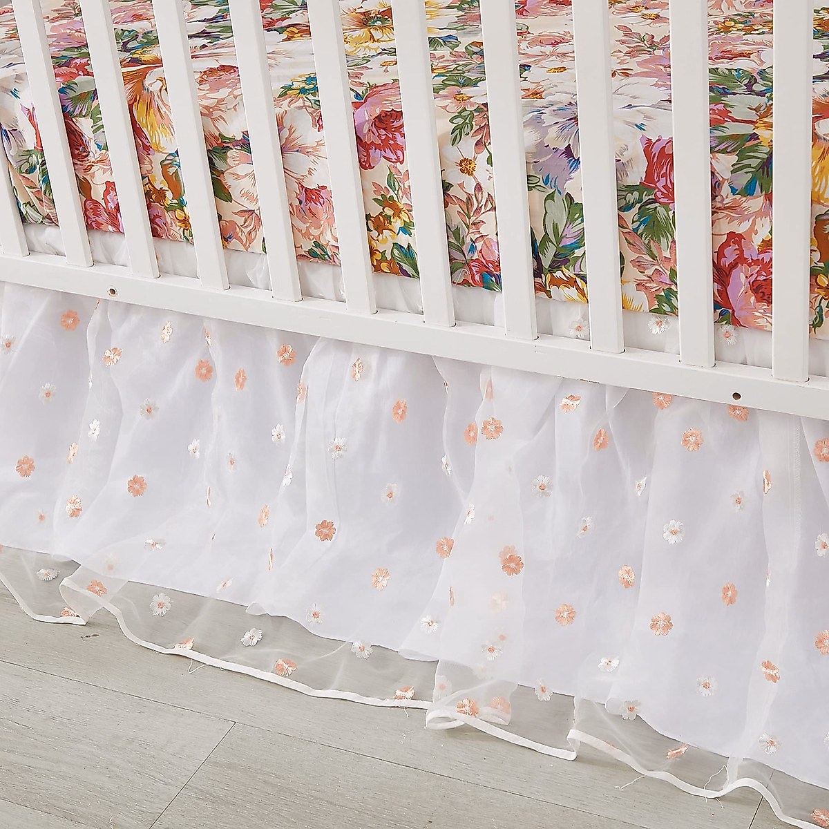 Brandream Crib Bedding Sets for Girls | 3-Piece Cotton Nursery Baby Bedding Set | Shimmering Floral Comforter, Crib Sheet, Embroidered Flowers Tulle Lace Crib Bed Skirt, Blush Pink