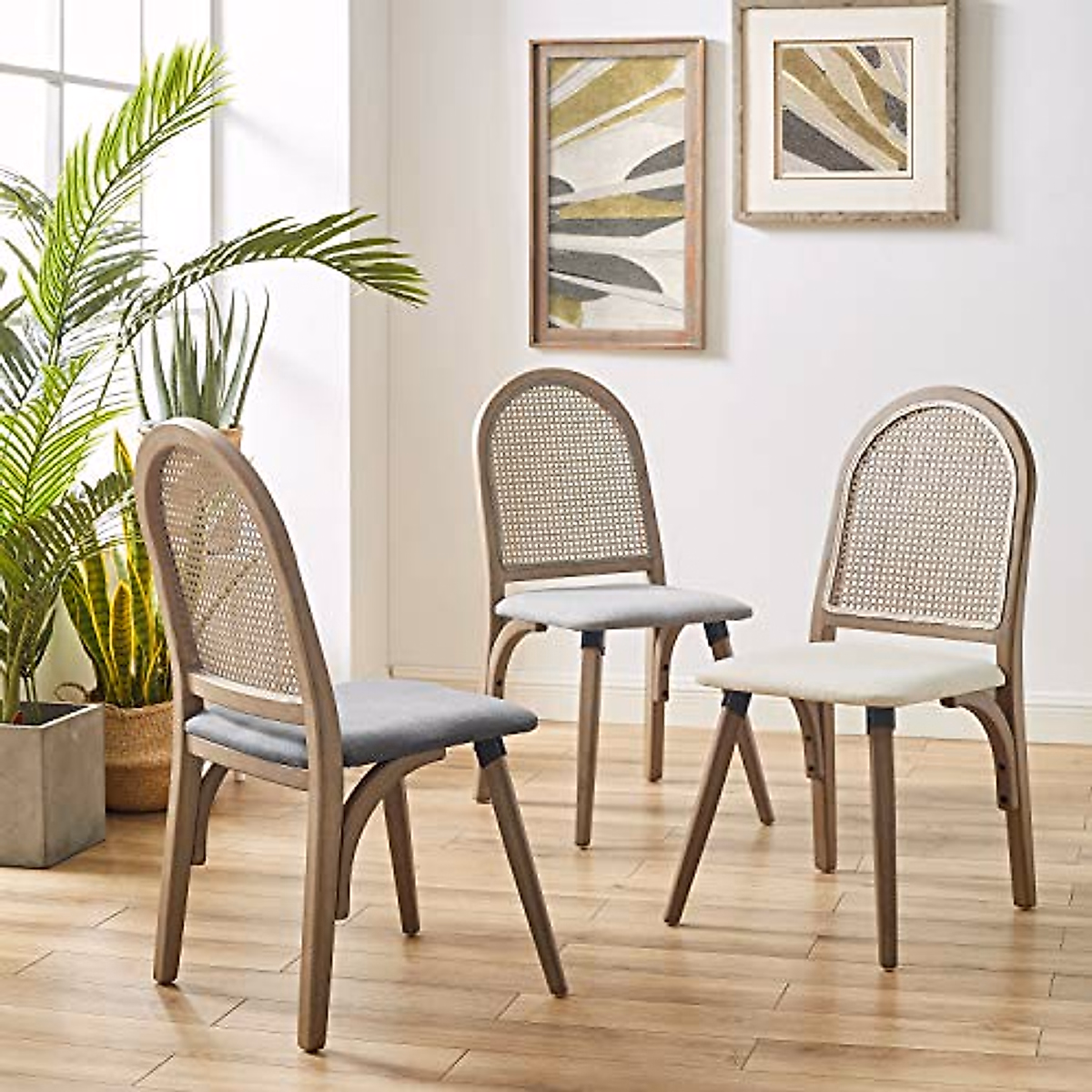 Art Leon Mid Century Modern Linen Upholstered Dining Side Chair with Rattan Woven Backrest, 1 Pcs, Dark Grey