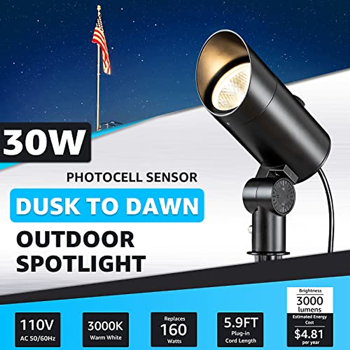 SUNVIE 30W Spot Lights Outdoor 120V Dusk to Dawn Outdoor LED Spotlight Plug in with Photocell Sensor 3000K Waterproof Bright Flag Pole Light for Yard Tree Garden Landscape Lighting with Stake 6FT Cord