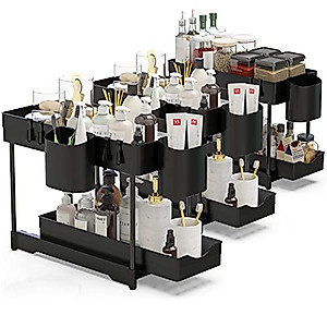 3 Pack Under Sink Organizers and Storage,2-Tier Pull Out Under the Sink Organizer, Muti-purpose Under Sink Storage with 6 Hooks 12 Cups,Drawer Basket Organizer for Kitchen Bathroom