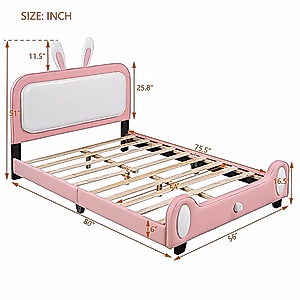 CJLMN Upholstered Rabbit Shaped Princess Bed Pink Platform Bed, Full Size Wood Bed Frame with Bunny Ears Headboard and Bunny Tail Footboard, Kids Bedroom Furniture Fun Cute Rabbit Bed