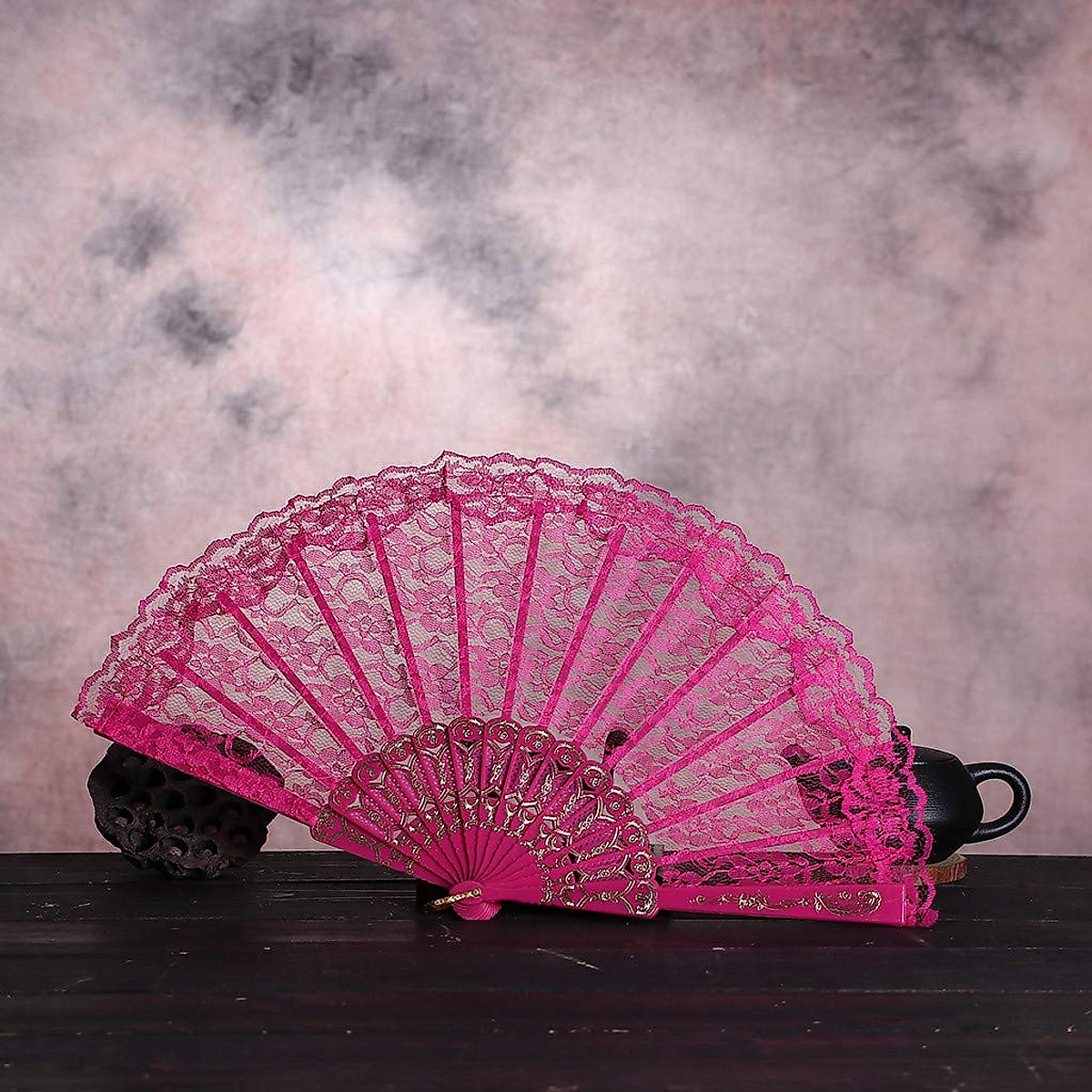 DUO ER Chinese Style Fans Dance Wedding Party Lace Silk Folding Hand Held Flower Fan Hollow Lace (Color : Pink)