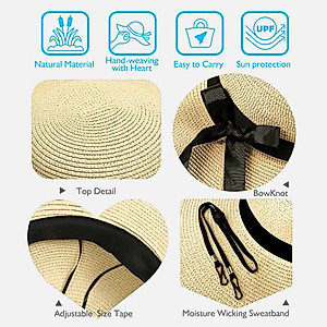Foldable Beach Sun Hat for Women, UV Protection Wide Brim Straw Visor Hats, Fashionable Boho Hats for Girls, Outdoor Tribe Sun Hats for Travel Gardening Beach Light Khaki
