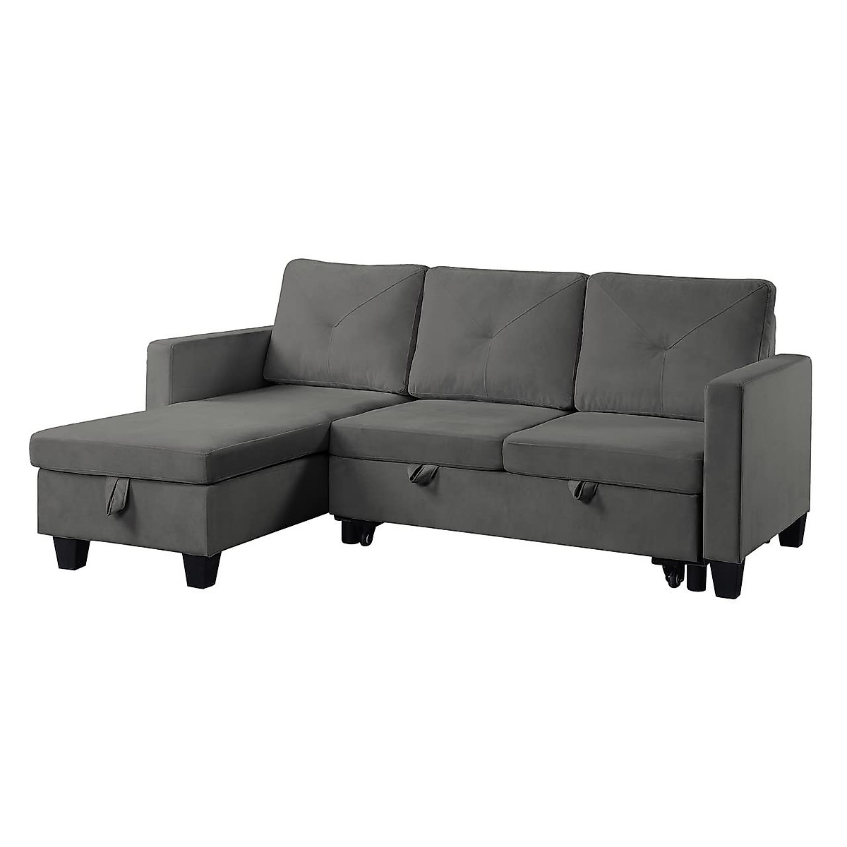 TUTB 82.5'' L-Shape Convertible Sleeper Sectional Sofa with Storage Chaise and Pull-Out Bed, Velvet Upholstered Reversible Corner 3 Person Couch, for Living Room, Apartment, Dark Gray