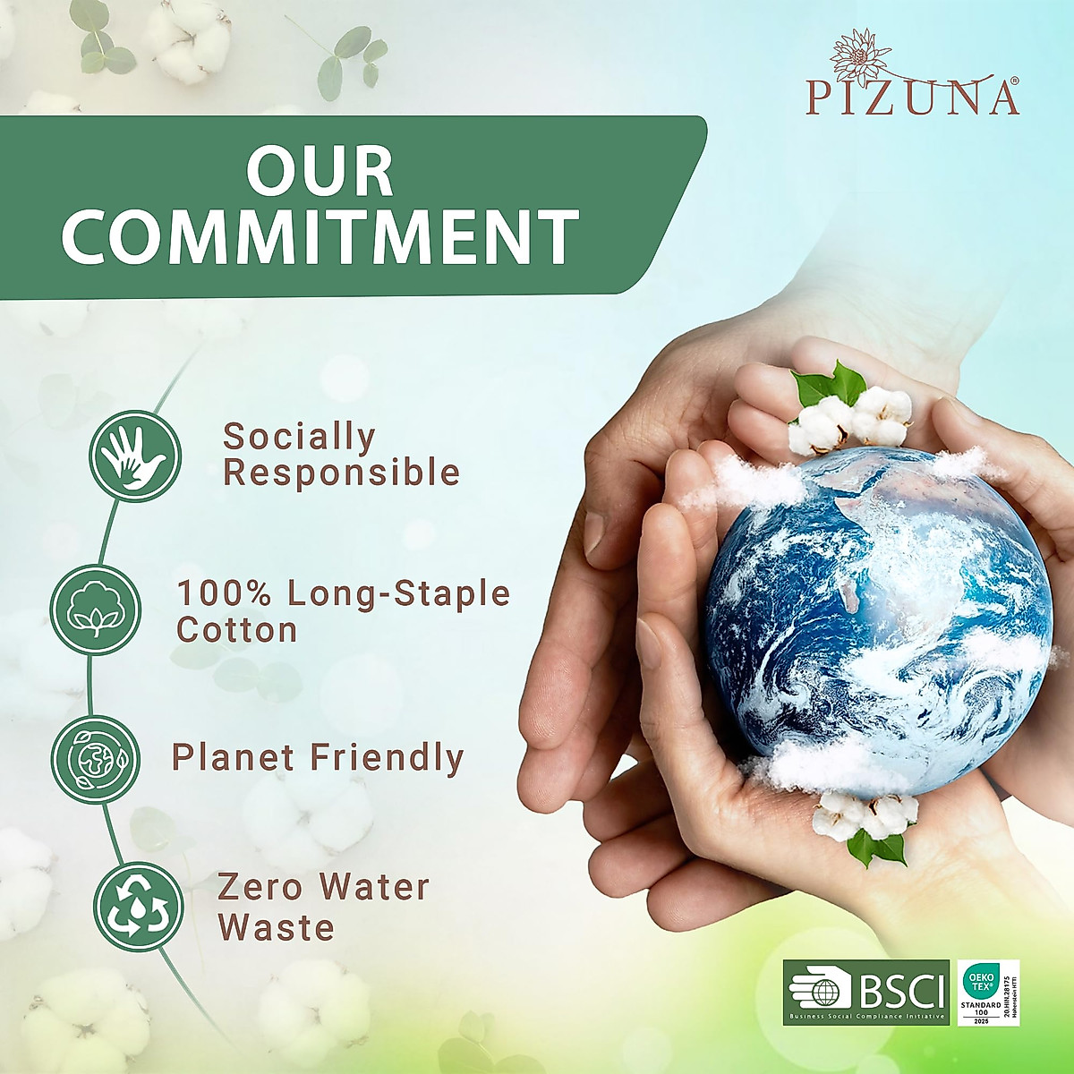 Pizuna Pure 100% Cotton Queen Size Sheets, 800 Thread Count Long Staple Cotton Crisp Sateen Sheets with 15inch Deep Pocket