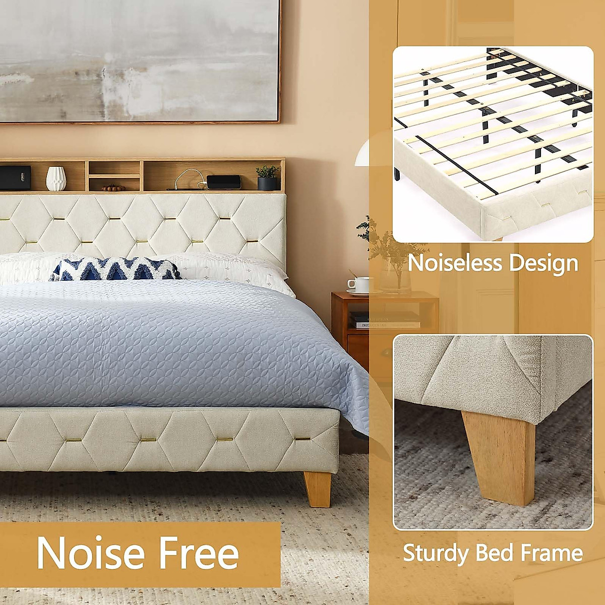Queen Size Bed Frame with Shelf Storage & Upholstered Headboard, Upholstered Platform Bed Frame with USB Port, No Box Spring Needed, Sturdy Wood Slats for Family Bedroom Apartment (Beige, Queen)