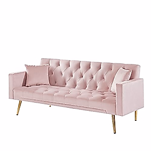 yunqishi SHIYONG 73.2" Velvet Futon Sofa Bed for Living Room, Convertible 3 Adjustable Couch Loveseat with Gold Metal Legs for Small Space (Pink)