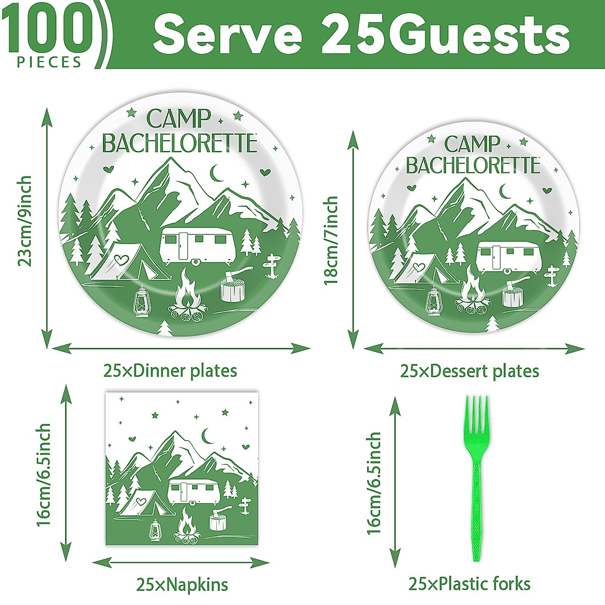 100 PCS Camp Bachelorette Party Supplies Tableware Set Mountain Camp Bachelorette Party Decorations Favors Paper Plates Napkins Forks for Girls Bridal Shower Wedding Engagement Serves 25 Guests