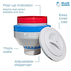 Blue Mano Chlorine Floater (V2.0 Upgraded) for 3 inch Chlorine Tablets with Refill Warning, Durable Design, 7 inch Large Floating Chlorine Dispenser for Inground and Above Ground Swimming Pool