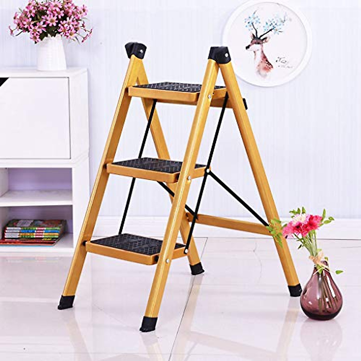 PENGJIE Folding Ladder Step Stool Ladder Stool 3 Step Folding Heavy Duty Steel Portable Anti Slip Mat Tread Compact 150 Kg Capacity