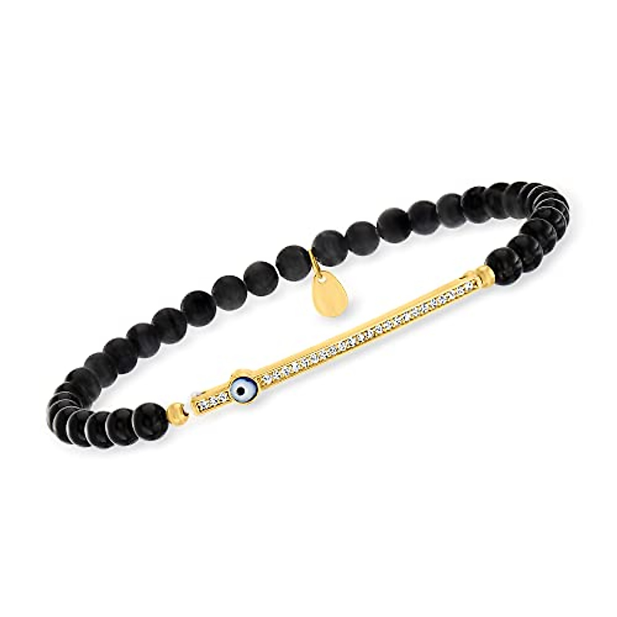 Ross-Simons 3.8-4.5mm Black Onyx Bead and .10 ct. t.w. CZ Evil Eye Stretch Bracelet in 18kt Gold Over Sterling