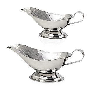 [2 Pack] Stainless Steel Gravy Boat - 10 Oz Elegant Gravy Boats with Classic Lip and Metal Gardoon Base - Stylish Large Gravy Boat for Thick Sauces, Salad Dressings - For Home, Cafe, Restaurant Use