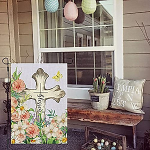 CROWNED BEAUTY Easter Garden Flag Religious Cross Floral 12x18 Inch Double Sided for Outside Christian Burlap Small Blessed Yard Holiday Decoration CF714-12