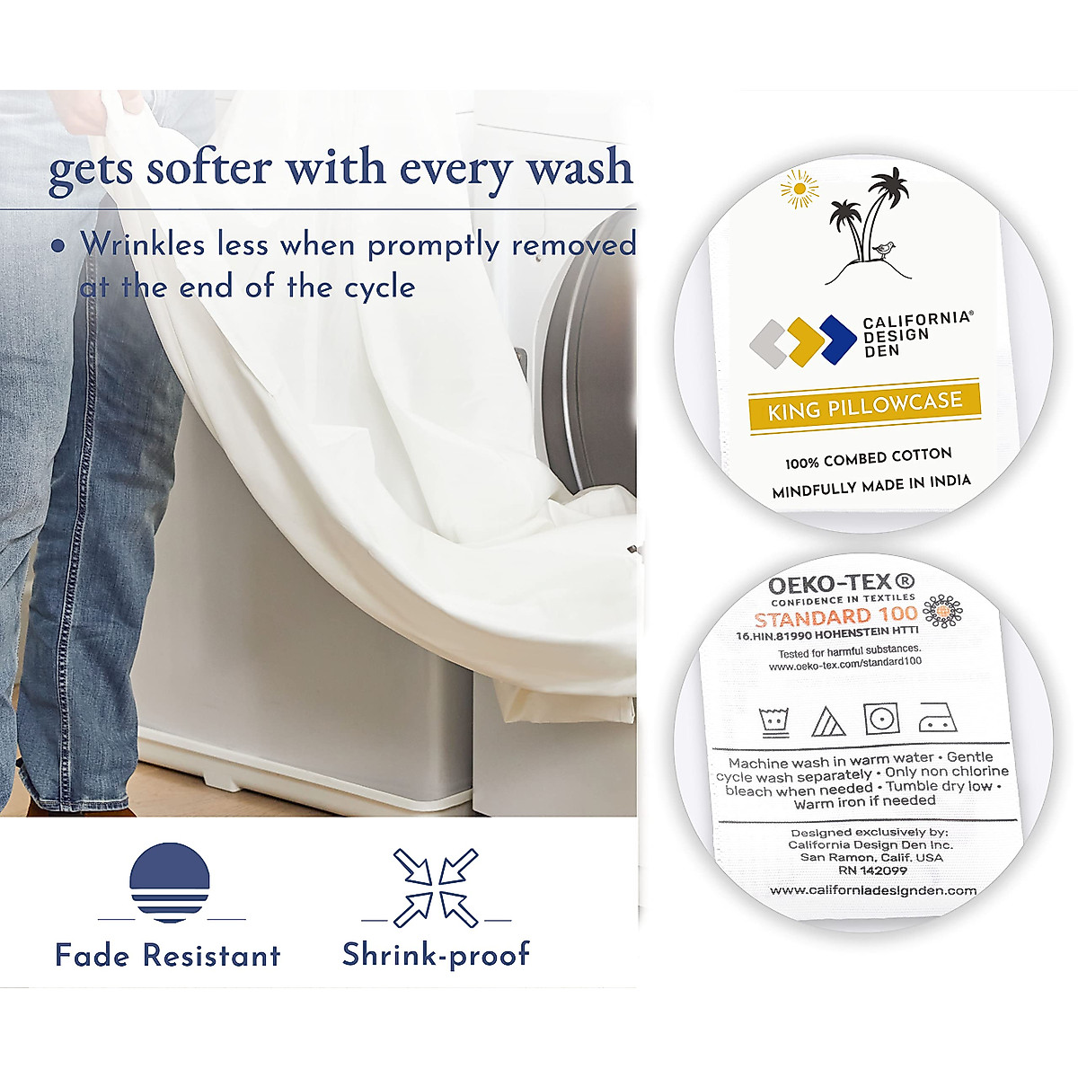 California Design Den King Size Pillowcases - 100% Cotton, Set of 2 Soft & Cooling Sateen Weave Cases, for King Size Pillows - Bright White