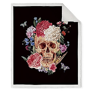 Jekeno Skulls Gifts for Women Men - Flower Floral Skull Sherpa Blanket Gift for Adult Kids Skull Lovers Halloween Birthday Christmas, Soft Black Throw Decor Bedroom Living Room Sofa Bed Couch 50"x60"