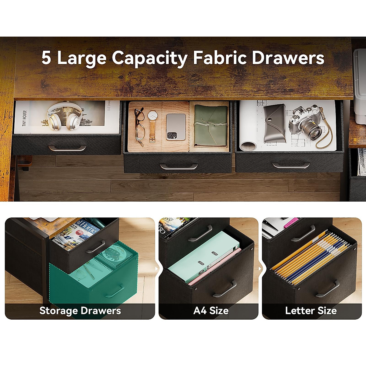 AODK 79 inch L Shaped Desk with File Drawers, Reversible L Shaped Gaming Desk with Power Outlets & LED Lights, Computer Desk with Storage Shelves for Home Office, Vintage