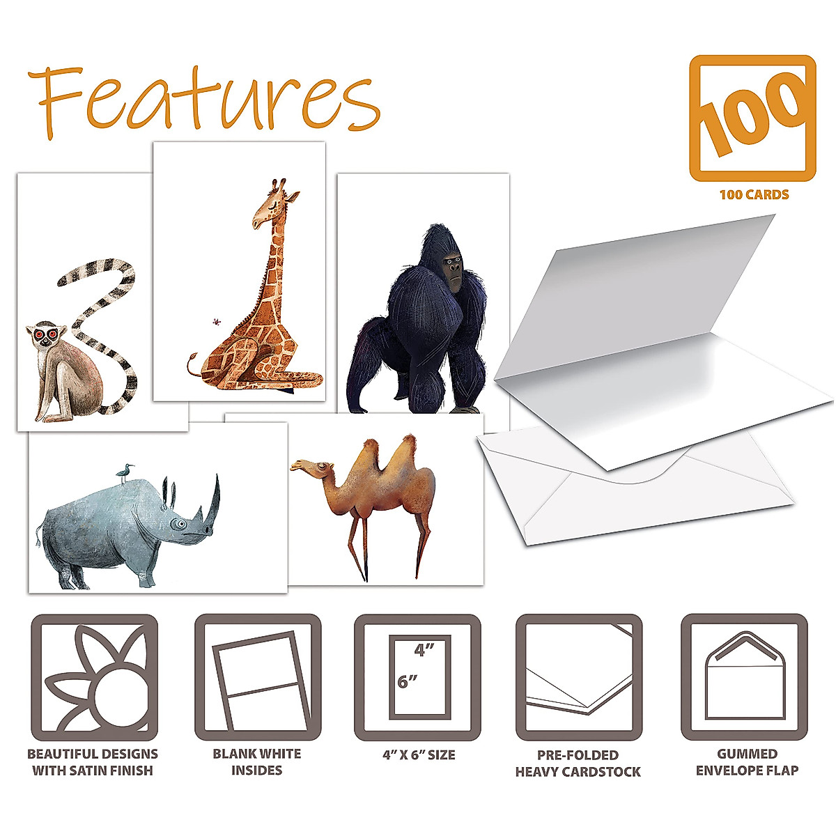 Better Office Products 100-Pack All Occasion Greeting Cards, Assorted Blank Note Cards, 4 x 6 inch, 10 Cute & Fun Wild Animal Designs, Blank Inside, with Envelopes, 100 Pack