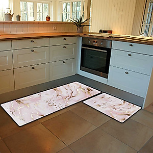 ZKLZI Kitchen Rugs Kitchen Mats for Floor 2 Pieces Liquid Marble Painting Gold Pink Kitchen Mat Set Non Slip Soft Absorbent Coral Velvet Washable Kitchen Rug Set 17.7×29.1Inch + 17.7×58.2Inch