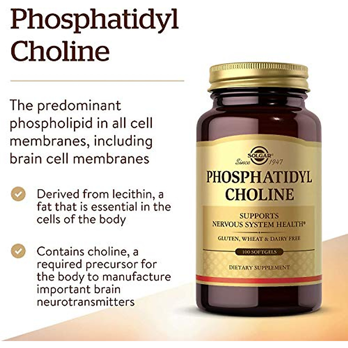 Solgar Phosphatidylcholine, 100 Softgels - Promote Healthy Cognitive Function - Derived From Lecithin - Contains Choline for Neurotransmitter Acetylcholine - Gluten Free, Dairy Free - 50 Servings