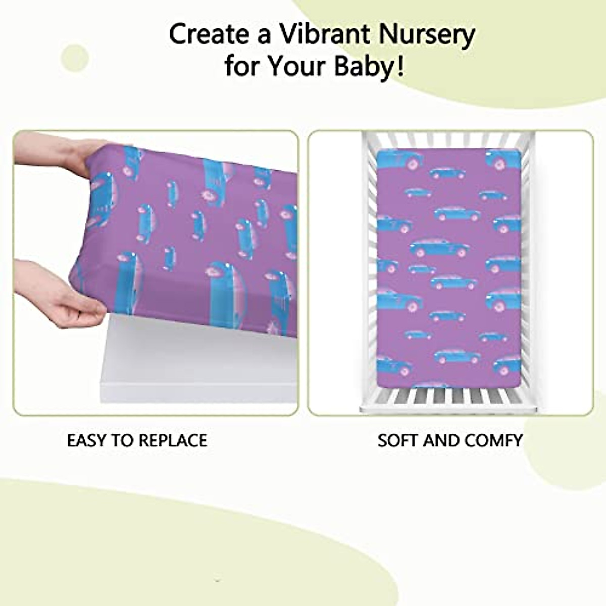 Cars Themed Fitted Crib Sheet,Standard Crib Mattress Fitted Sheet Soft & Stretchy Fitted Crib Sheet-Great for Boy or Girl Room or Nursery, 28“ x52“,Fuchsia Blue