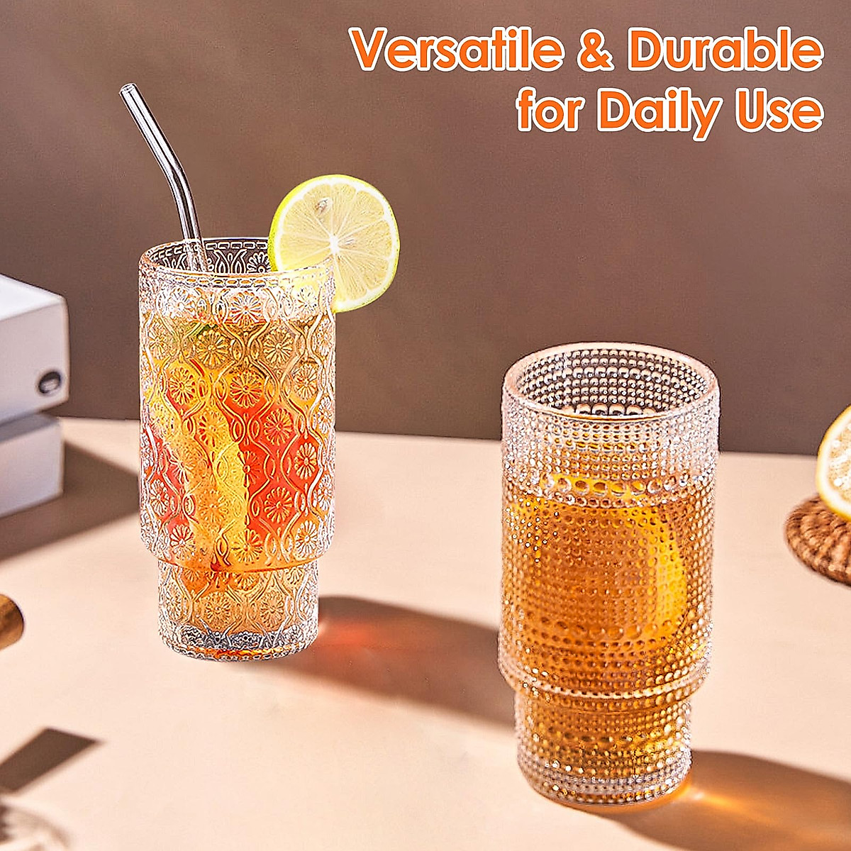 WISIMMALL Vintage Drinking Glasses Set of 4 with Straw 12OZ Aesthetic Highball Glasses Stackable Drinking Glasses Iced Coffee Cups for Cocktail, Whiskey, Beer, Juice, Water