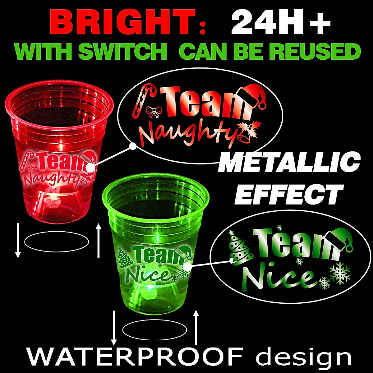 mishunyus 24 Pcs Christmas Party Cups,Glowing Christmas Team Naughty or Nice Party Cups Decoration Cups for Christmas Party Cups Party Supplies(Red & Green)