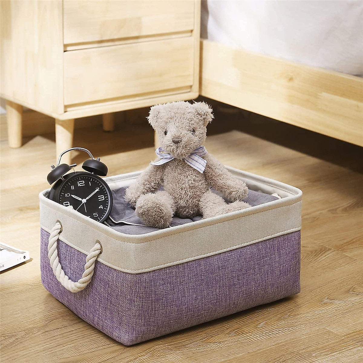 Vinssin Large Storage Basket ,Foldable Purple Basket with Handles, Gift Basket Empty,Canvas Fabric Storage Bin for Organizing,Cupboards, Shelves, Clothes, Toys, Towel, (Purple+White,1 Pack)