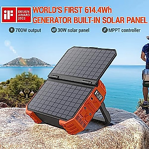 BROWEY Portable Power Station with 30W Solar Panel, 614.4Wh LiFePO4 Battery Backup,110V/600W(Peak 1200W) Pure Sine Wave AC Outlet, Solar Generator for Outdoor Camping, RV Travel（Orange)