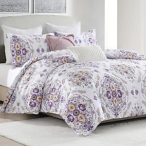 Bedduvit 100% Cotton Duvet Cover Queen Size - Purple Damask Queen Duvet Cover Set, Soft Cozy Paisley Pattern All Season Bedding Comforter Sets with Zipper Closure & 8 Ties (90"x90")