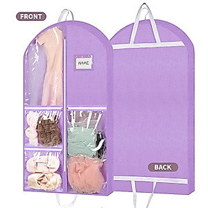Linodes Dance Costume Bags Garment Bag 40'' for Dance Travel/Competition Storage with 4 Medium Clear Zipper Pockets and 1 Large Back Zipper Pocket-Fabric & PVC (Purple-Fabric & PVC, 40''- 3 Pack)