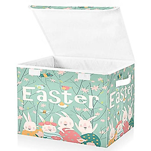 DOMIKING Easter Eggs Bunny Large Storage Bin with Lid Collapsible Shelf Baskets Box with Handles empty gift basket for Nursery Drawer Shelves Cabinet