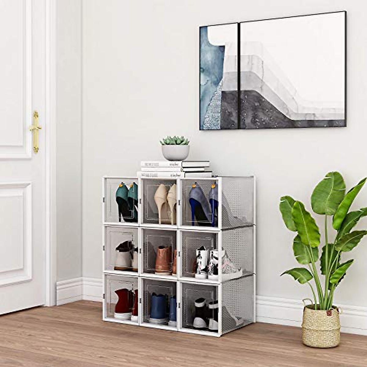 Shoe Storage Shoe Box Container, Stack-able Shoe Box Fold-able Side Open Shoe Box Storage Collapsible & Interlocking Cube Storage Bins for Men Women Shoes Sneakers Clear Transparent Set of 6 packs