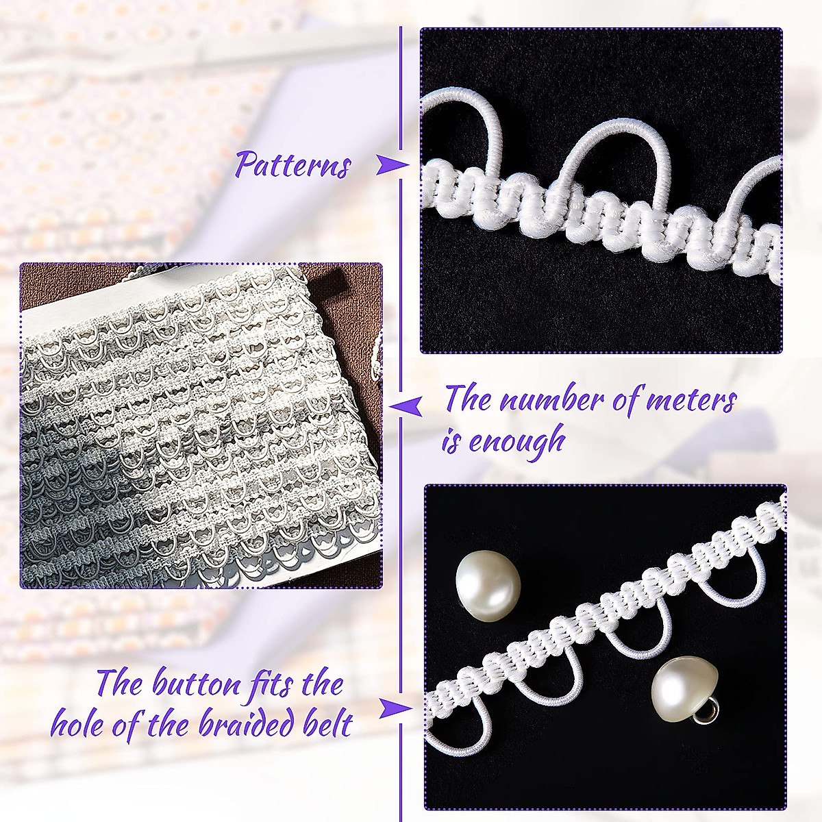 20 Yards Petite Braid Trim Elastic Button Loop Sewing Braid Trim for Costume Crafts Sewing Wedding Bridal Dress Decor (White)