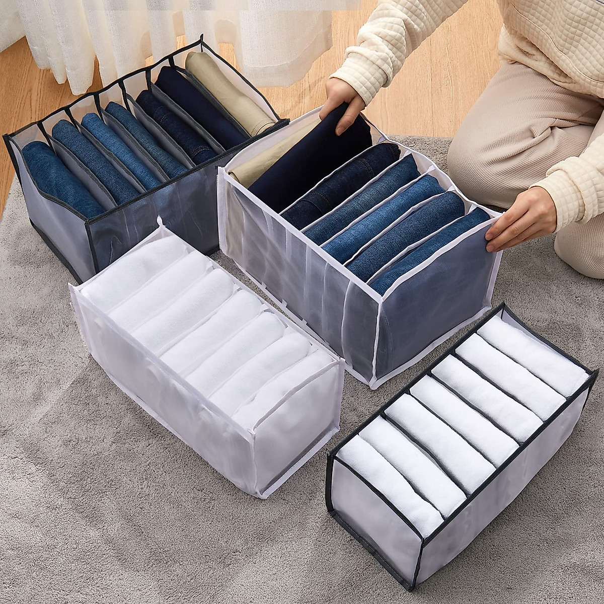 Wardrobe Clothes Organizer for Closet and Mesh Storage for Jeans Folded Clothes, Drawer Organizer Clothes (Jeans with 7 Grids Large White)